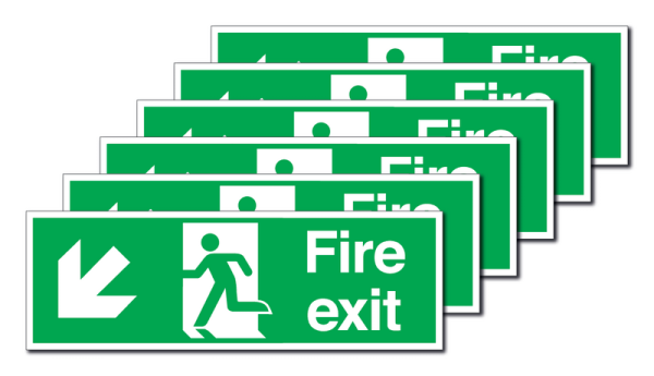 6-Pack Fire Exit Running Man/Arrow Diagonal Down Signs - Safety Sign ...